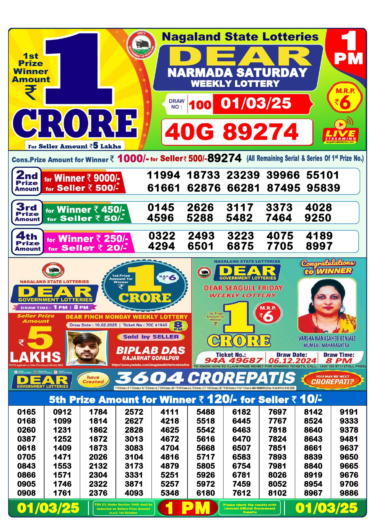 Dear lottery 1 PM Results 01.03.2025 - Check Now