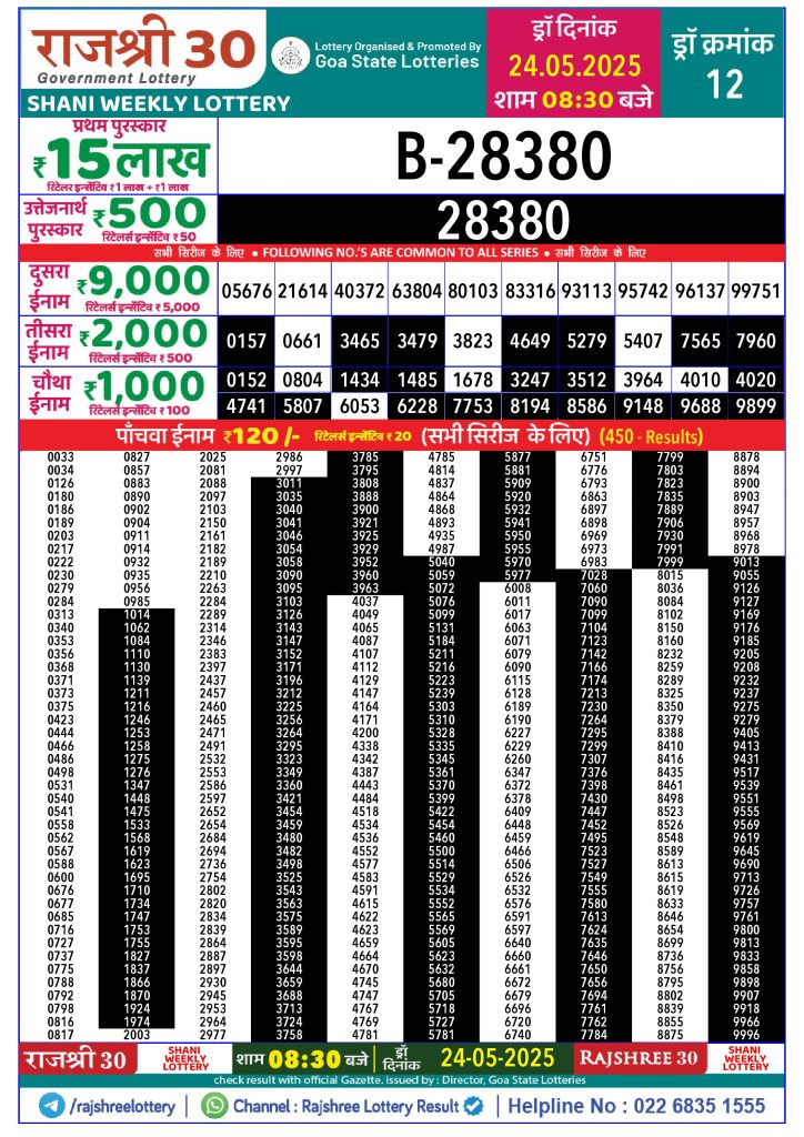 Rajshree 30 weekly lottery 08.30PM 24.5.2025 - Check Now