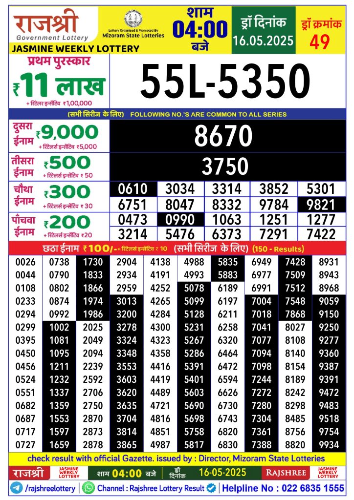 Rajshree lottery 04:00 PM 16.5.2025 - Check Now