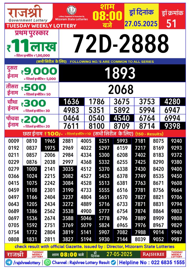 Rajshree weekly lottery 08.00PM 27.5.2025 - Check Now
