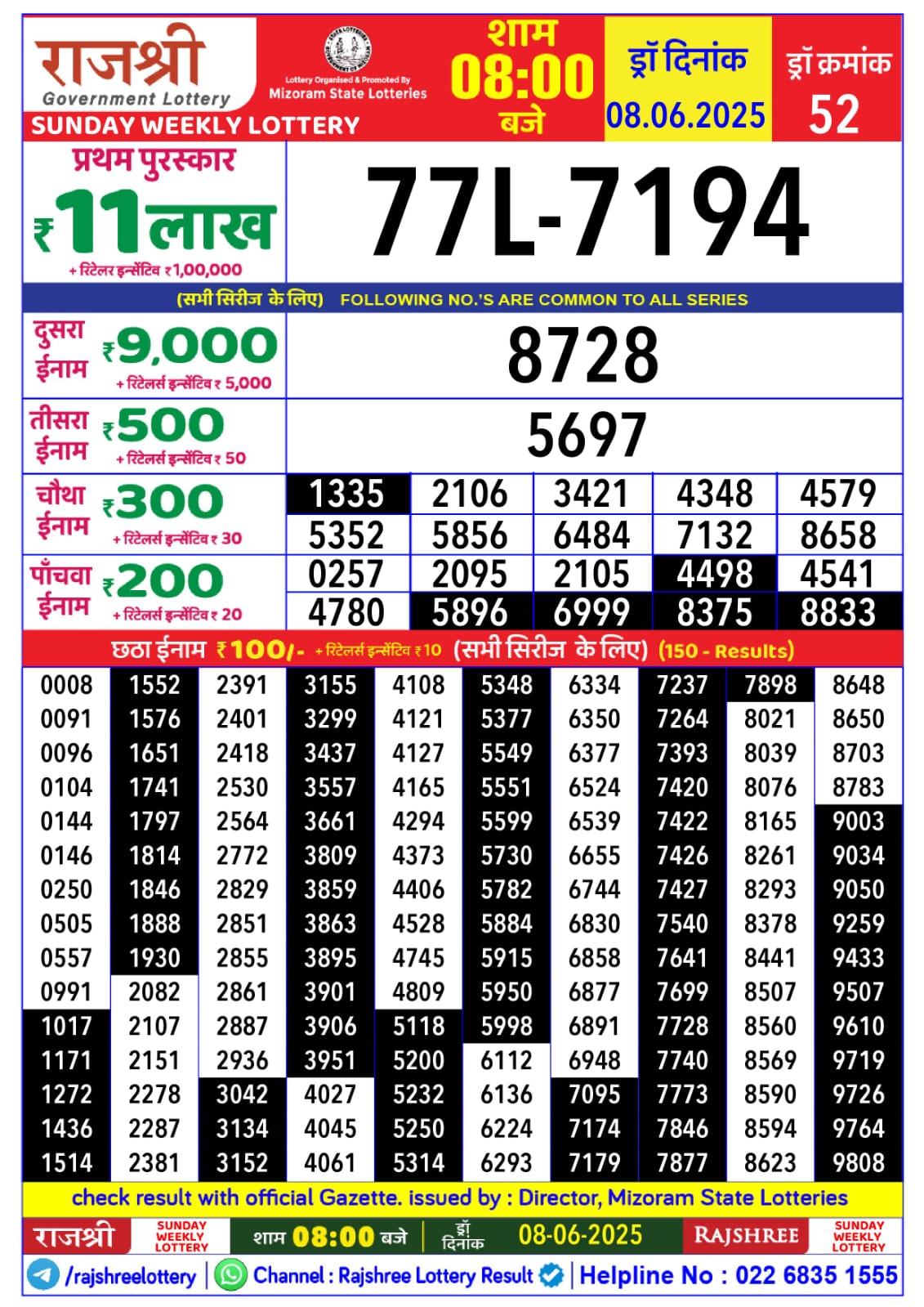 Rajshree weekly lottery 08.00PM 08.06.2025 - Check Now