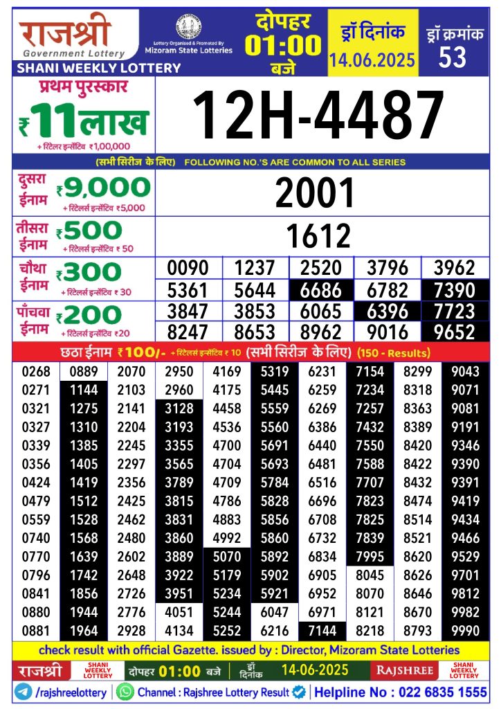 Rajshree lottery result 1 PM 14.06.2025 - Check Now