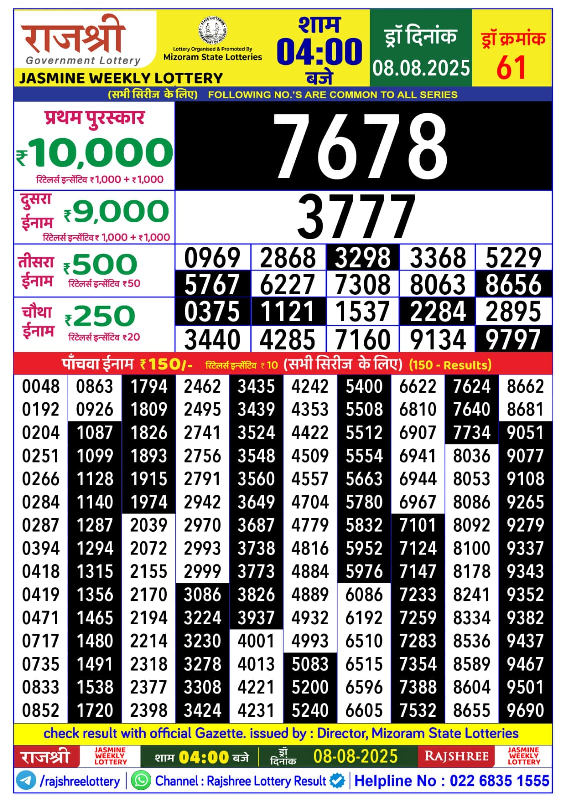 Rajshree lottery 04:00 PM 08.08.2025 - Check Now